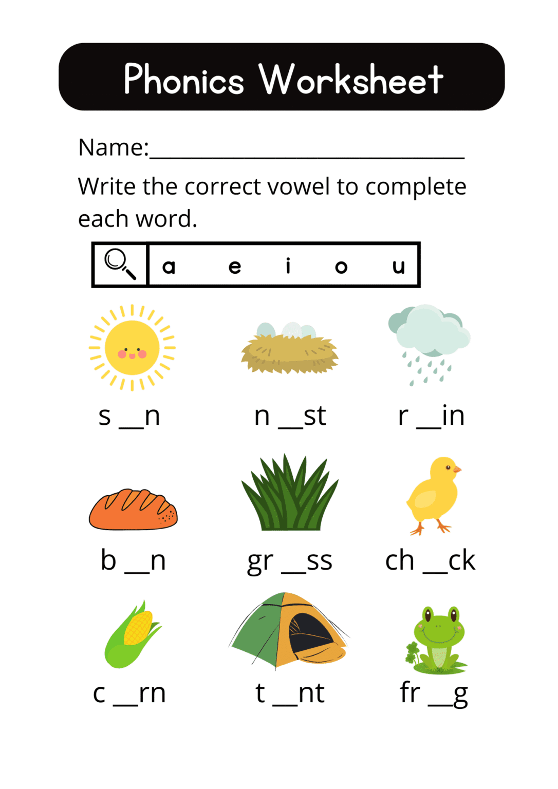 Free Phonics Worksheet for Kids – Vowel Practice PDF - Animated Ideas