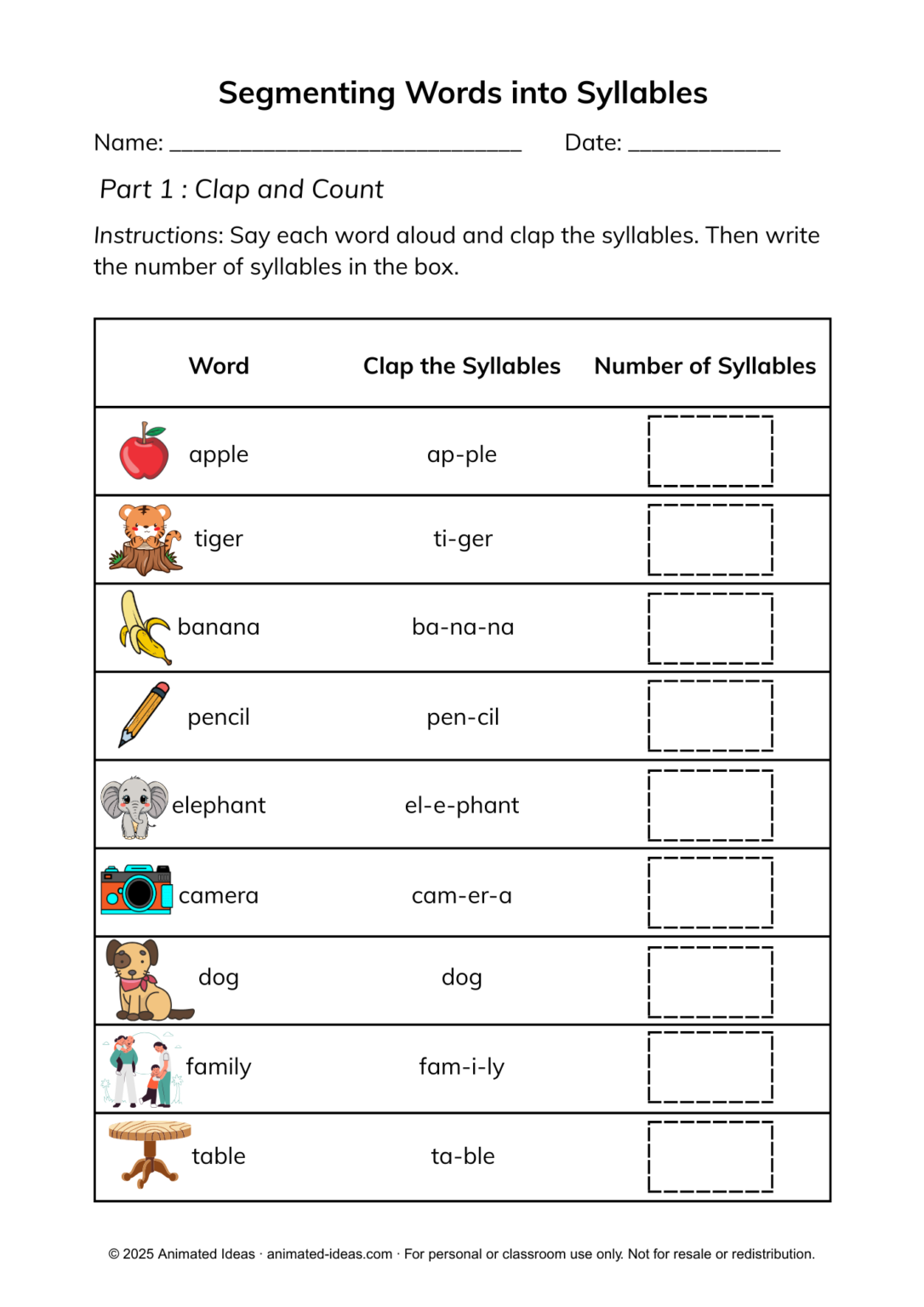 Segmenting Words into Syllables Worksheets - Animated Ideas