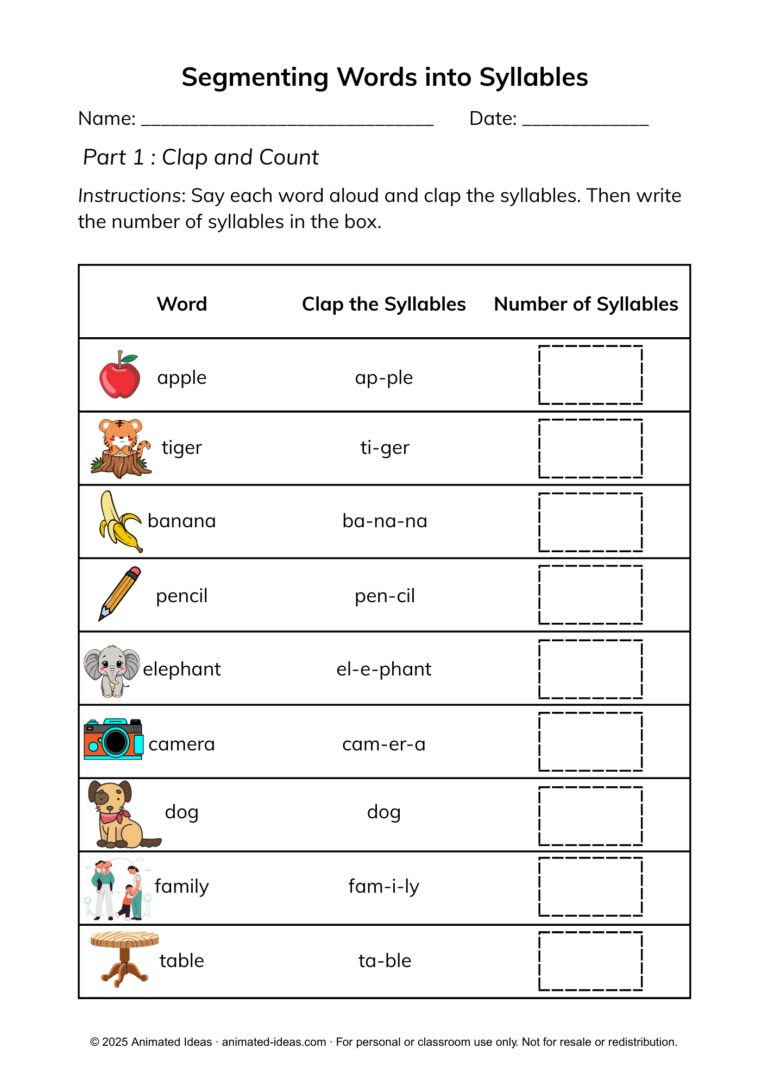 Segmenting Words into Syllables Worksheets - Animated Ideas