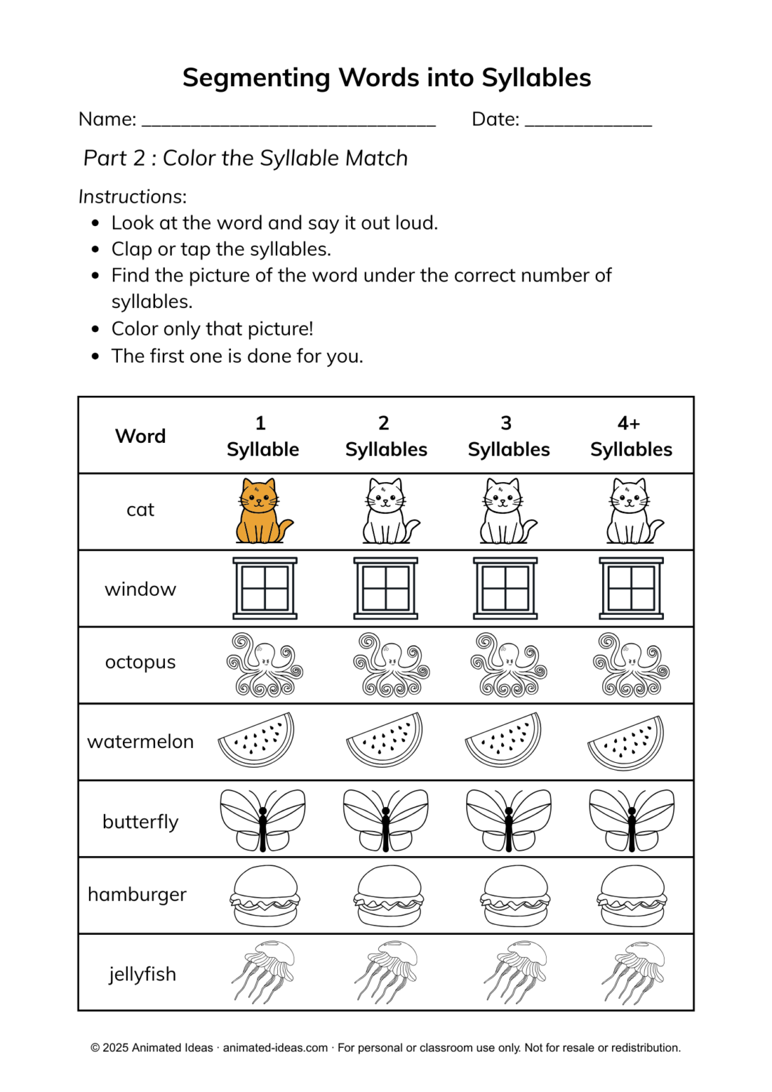 Segmenting Words into Syllables Worksheets - Animated Ideas