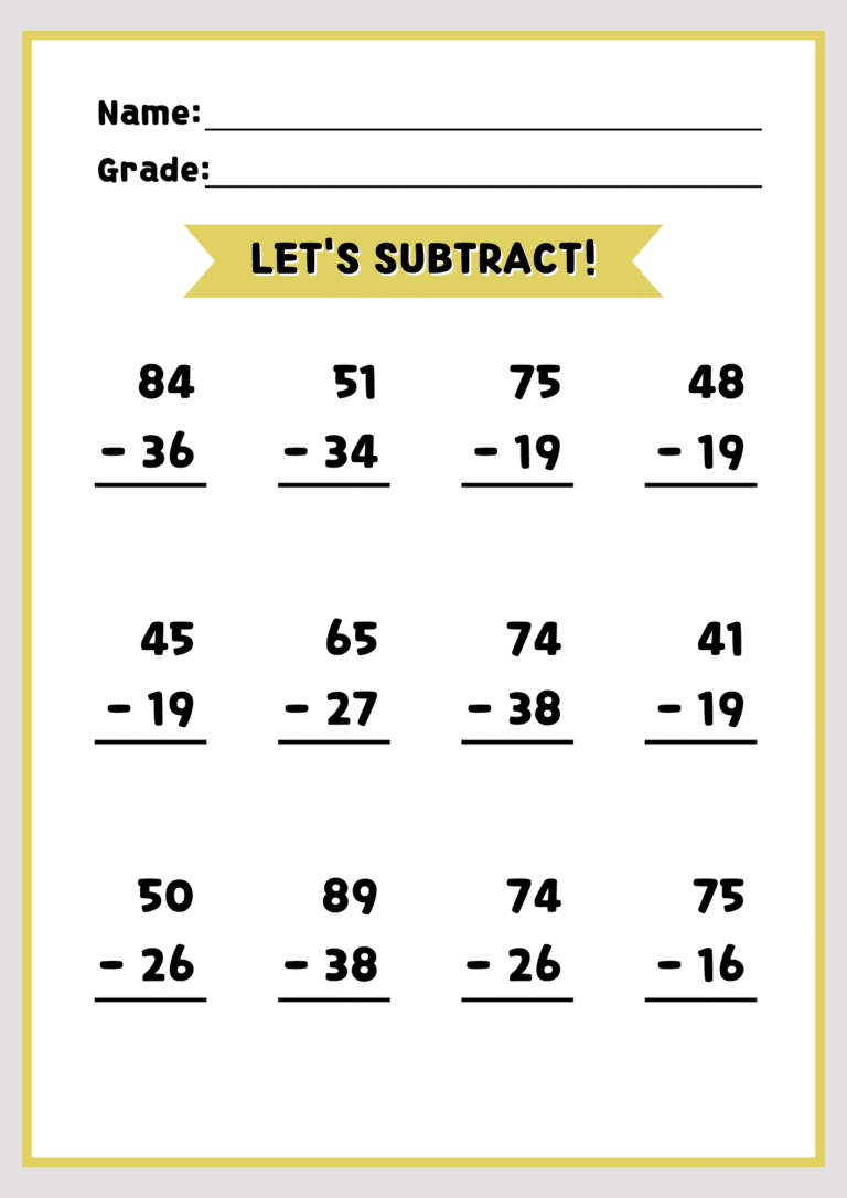 Free Subtraction Worksheet for Kids – Easy Math Practice - Animated Ideas