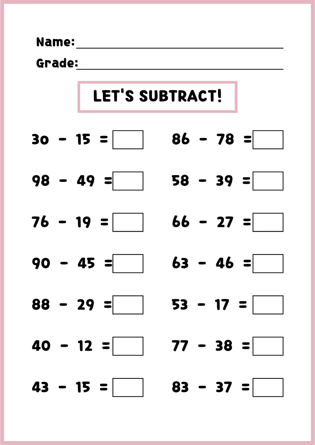 Free Subtraction Worksheet for Kids – Easy Math Practice - Animated Ideas