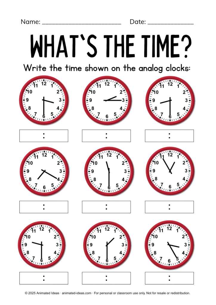 Free Telling Time Worksheets – Practice Reading the Clock - Animated Ideas