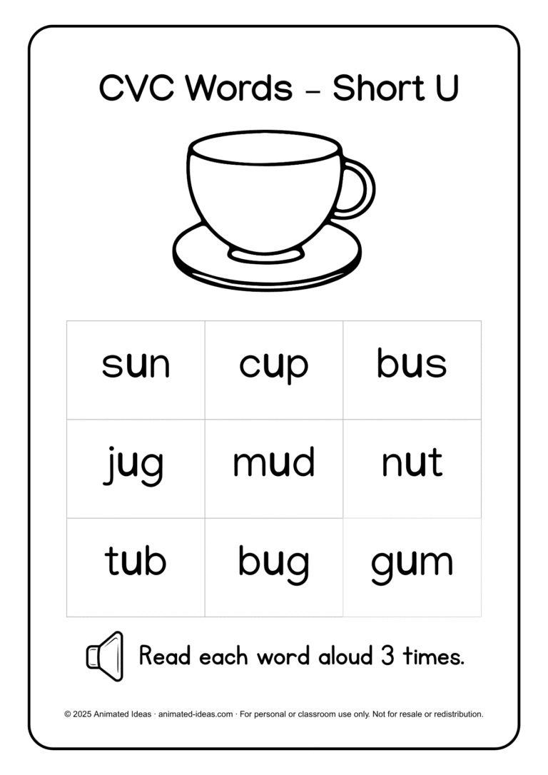 Short Vowel CVC Words – Printable Reading Materials for Kids - Animated ...