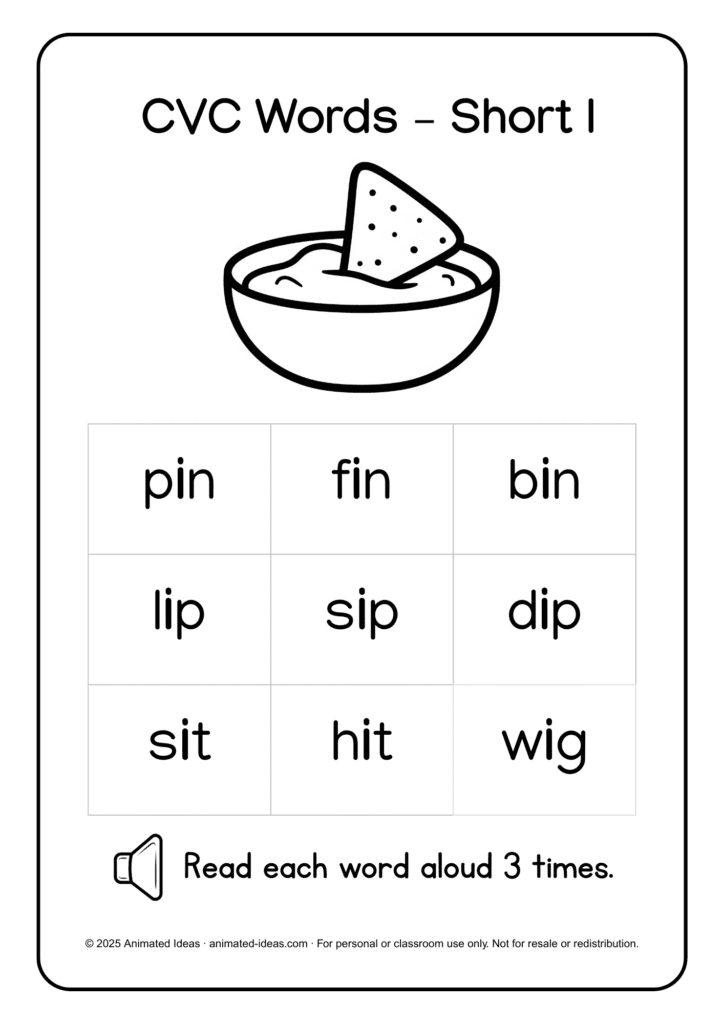 Short Vowel CVC Words – Printable Reading Materials for Kids - Animated ...