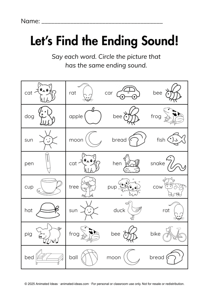Ending Sounds Worksheets Grade 1 – Free Printables - Animated Ideas