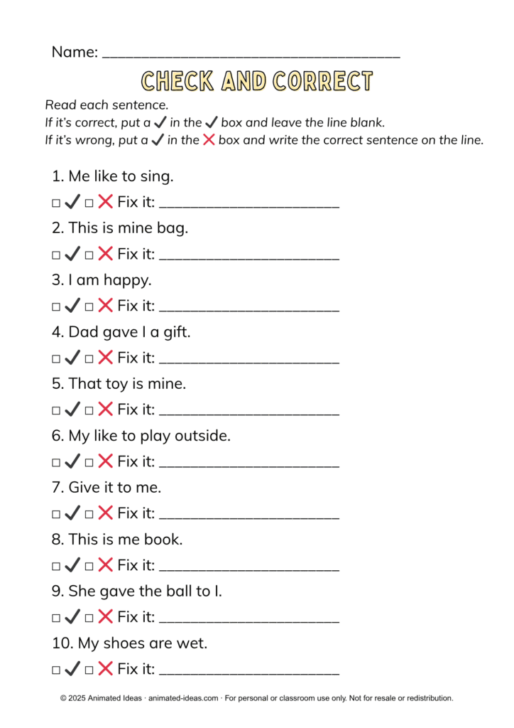 Grade 1 Pronoun Worksheets – I, Me, My, Mine Activities - Animated Ideas