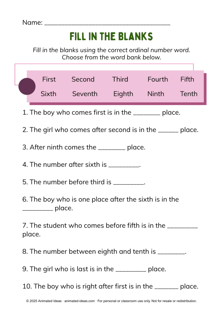 Ordinal Numbers Worksheets for First Grade - Animated Ideas