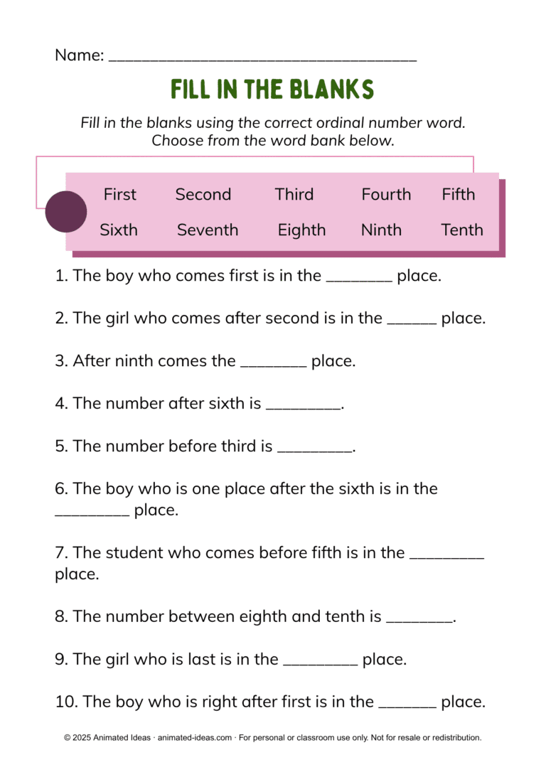 Ordinal Numbers Worksheets for First Grade - Animated Ideas