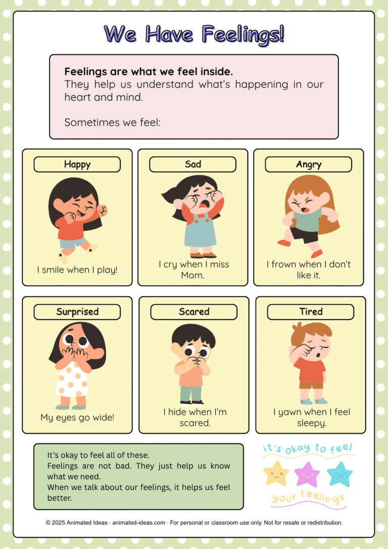 Feelings Chart for Kindergarten – Printable Emotions Guide - Animated Ideas