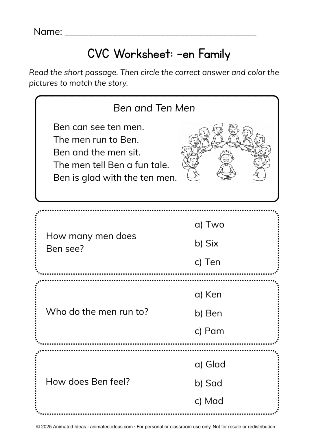 CVC Reading Practice Worksheets – (-an, -en, -in, -on, -un) - Animated ...