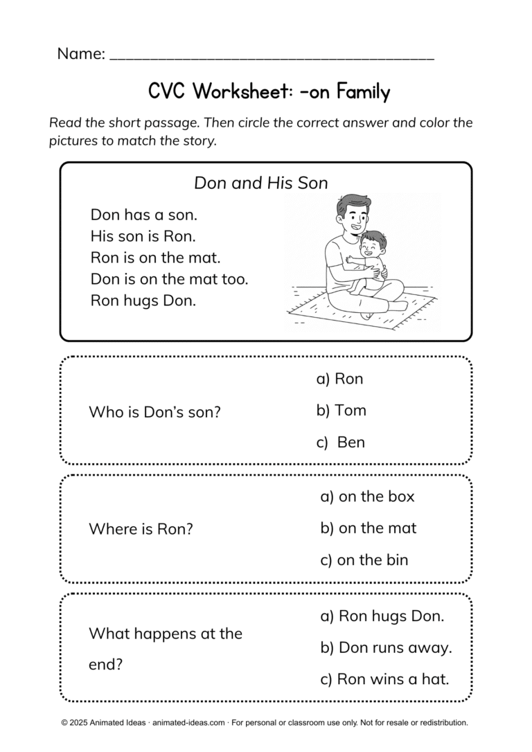CVC Reading Practice Worksheets – (-an, -en, -in, -on, -un) - Animated ...