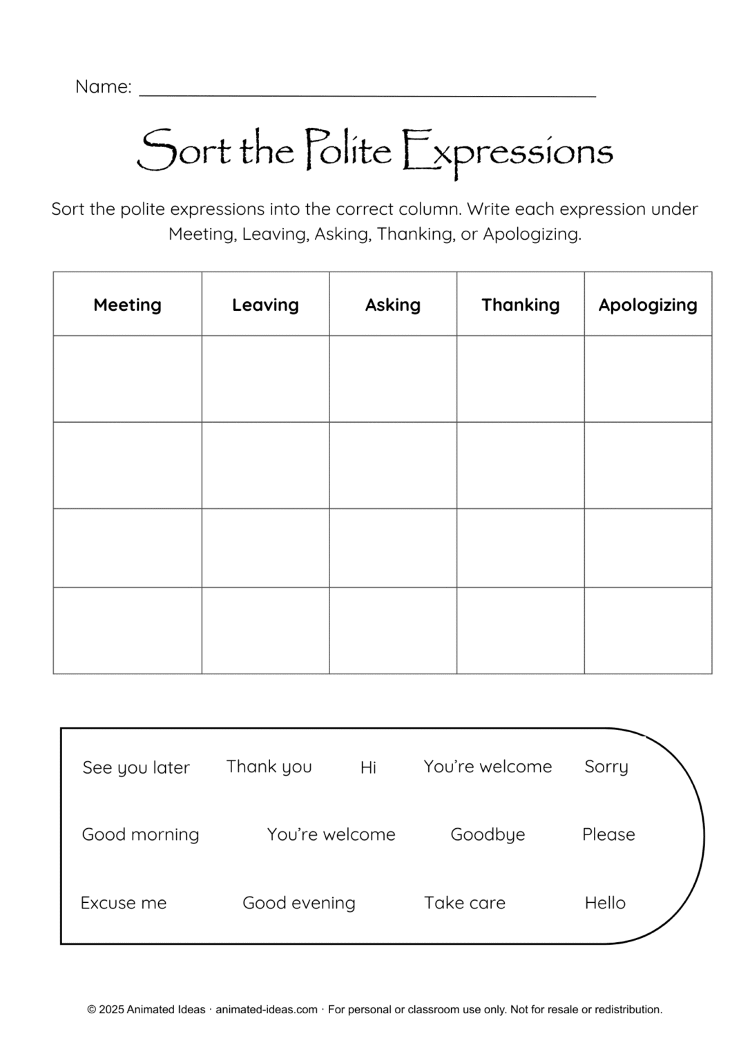 Polite Greetings and Expressions Worksheets - Animated Ideas