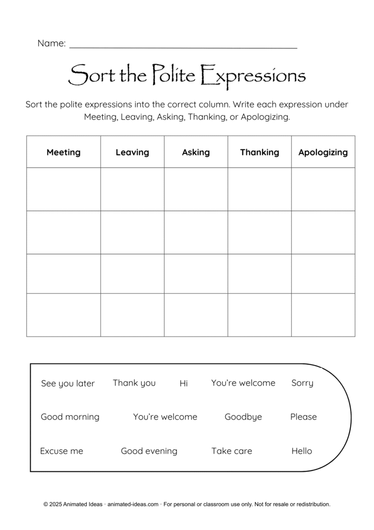 Polite Greetings and Expressions Worksheets - Animated Ideas