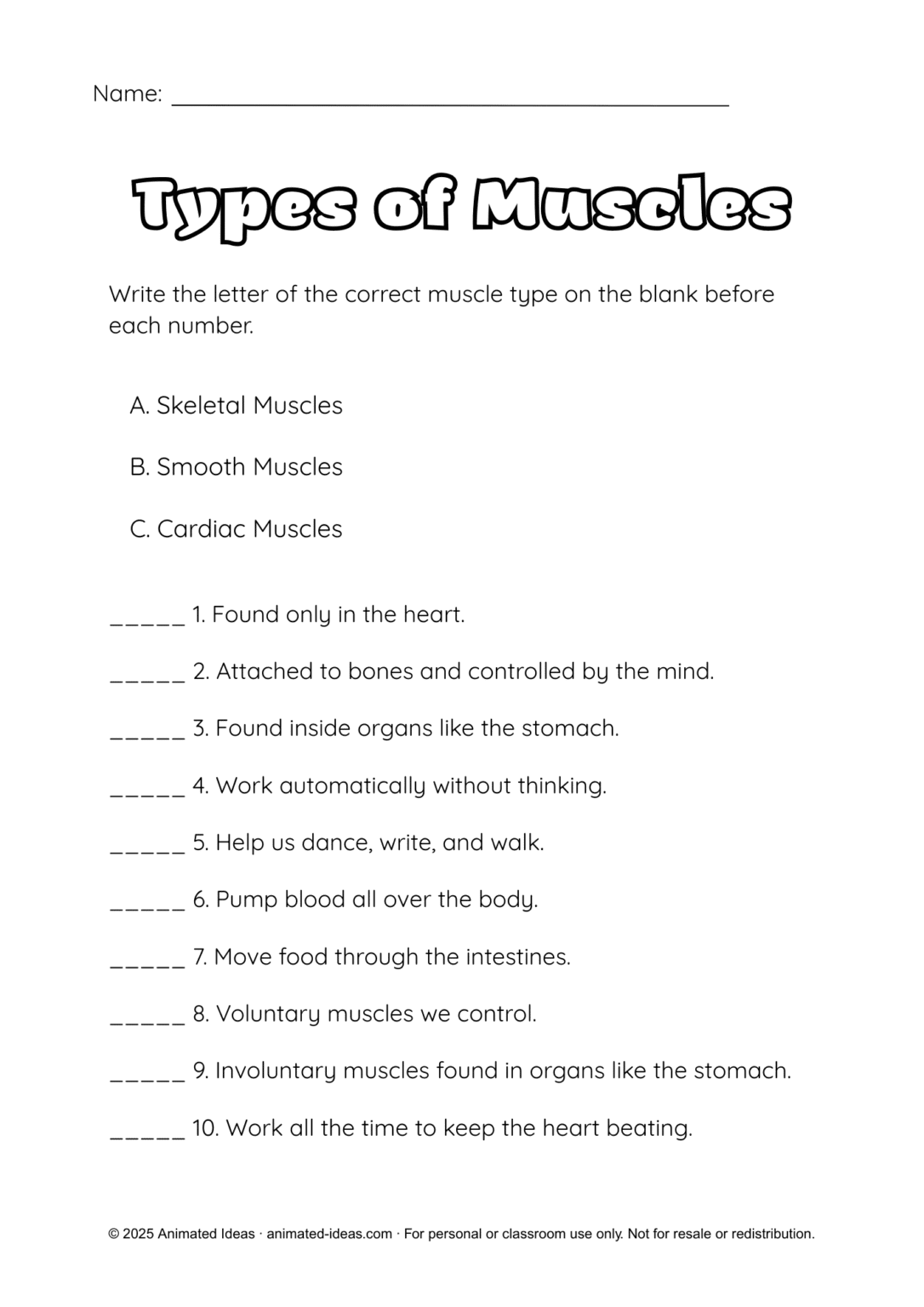Muscular System Worksheets for Kids (Grade 4 Science) - Animated Ideas