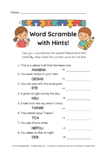 Word Scramble with Hints Worksheet – Vocabulary Activity - Animated Ideas