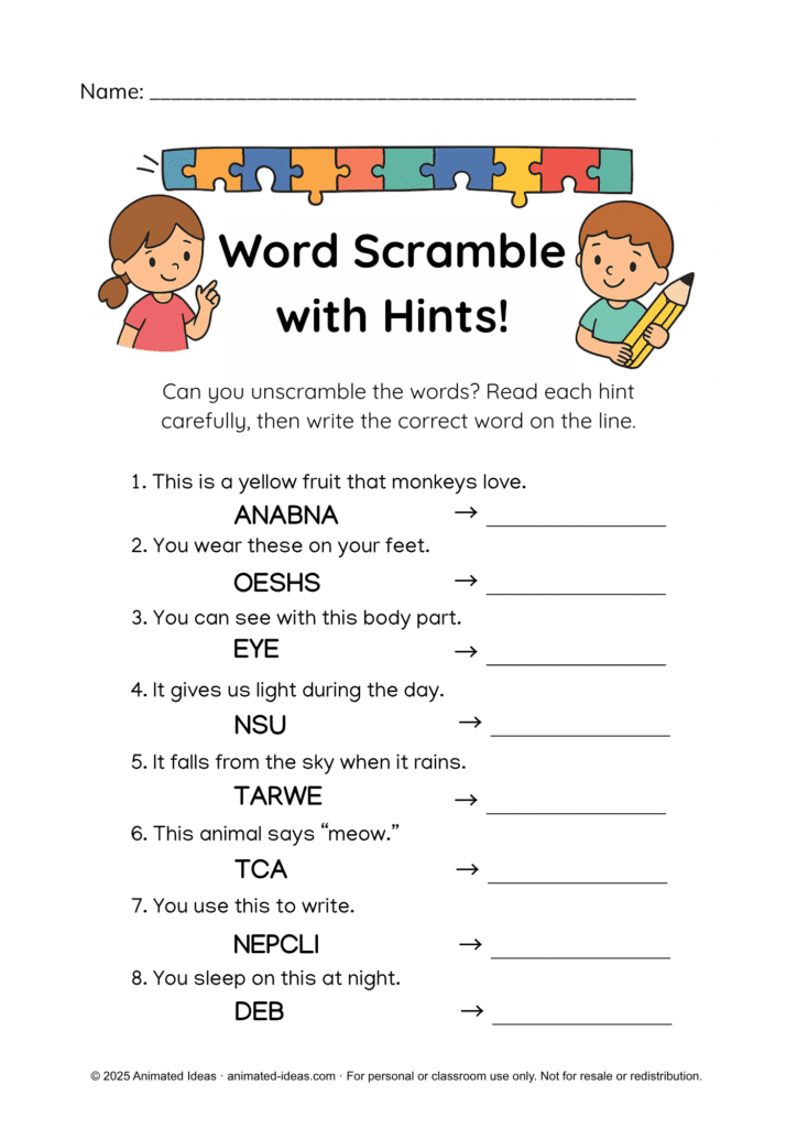 Word Scramble with Hints Worksheet – Vocabulary Activity - Animated Ideas