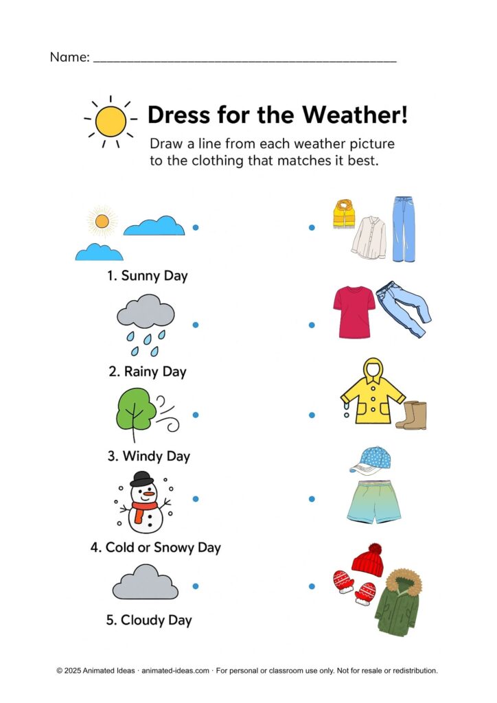 Dress for the Weather – Matching Activity Worksheet - Animated Ideas
