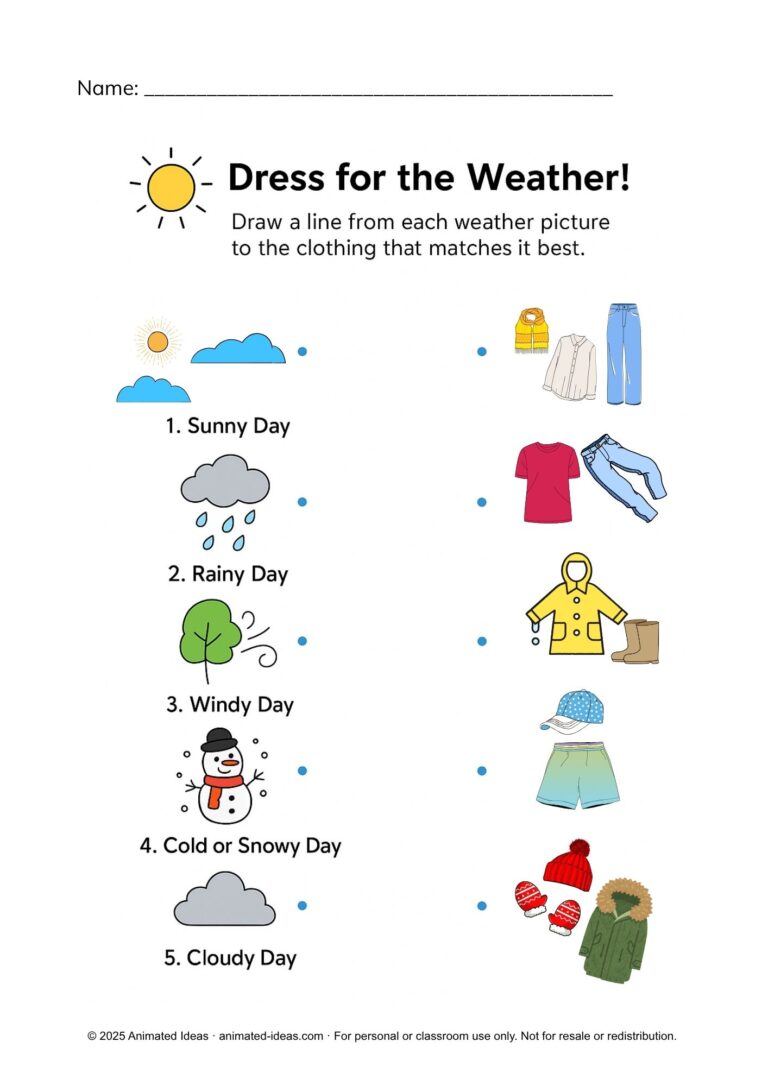 Dress for the Weather – Matching Activity Worksheet - Animated Ideas