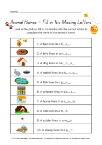 Animal Homes Worksheet | Fill in the Missing Letters - Animated Ideas