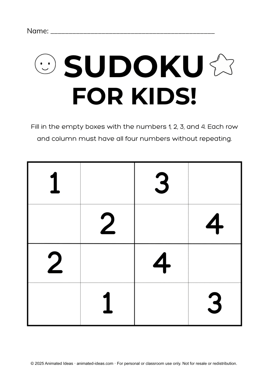 Sudoku for Kids (Numbers 1–4) – Logic Puzzle Worksheet - Animated Ideas