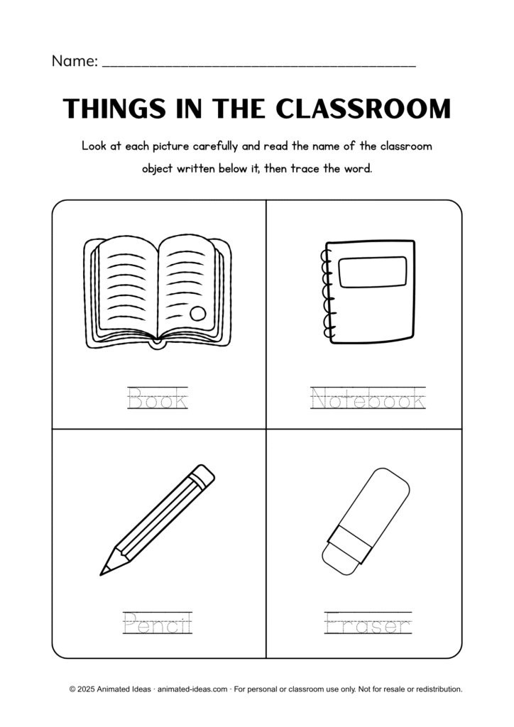 Things in the Classroom Tracing Worksheets - Animated Ideas