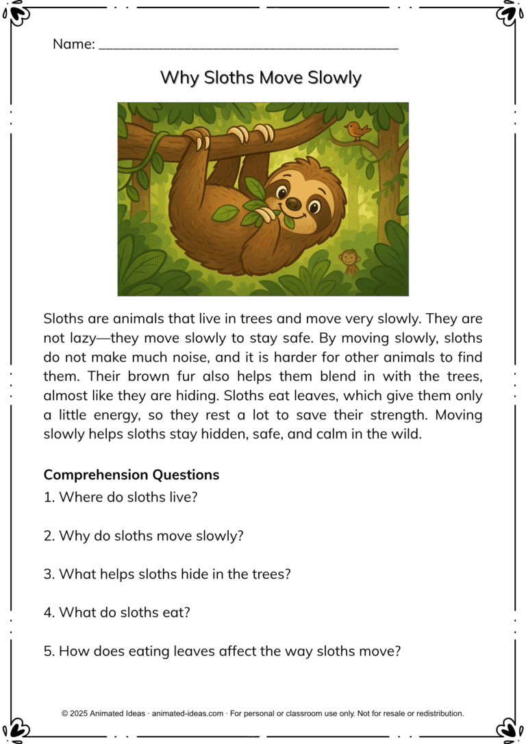 Animal Reading Comprehension Worksheets for Kids (K-2) - Animated Ideas