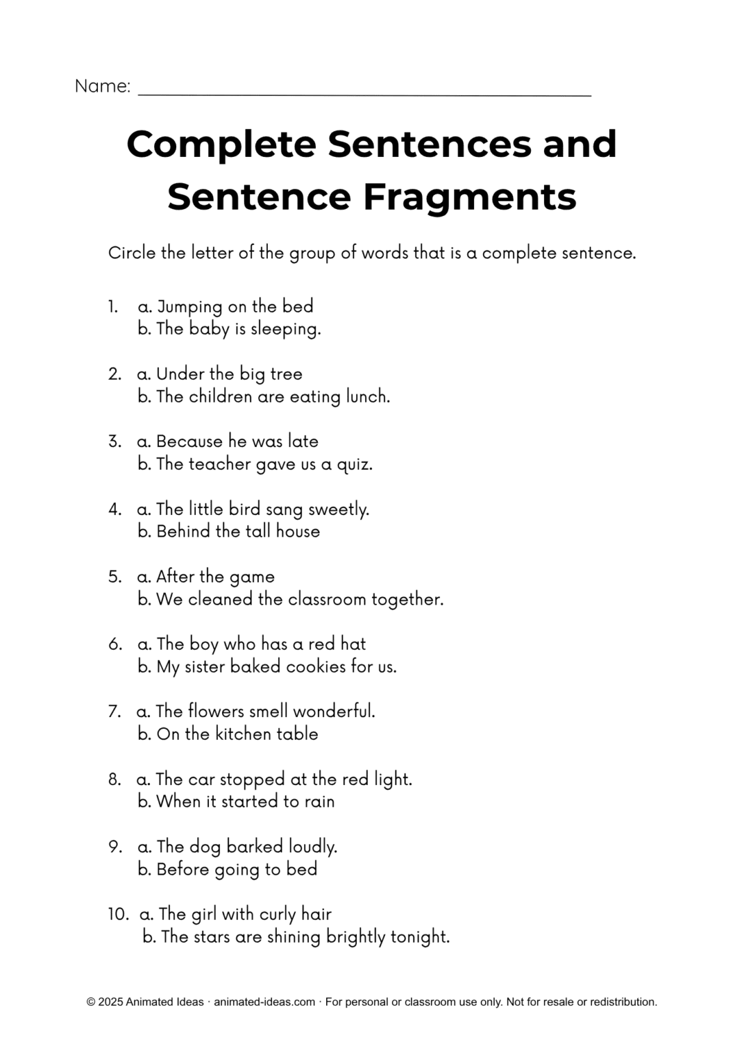 Complete Sentences and Sentence Fragments Worksheets - Animated Ideas