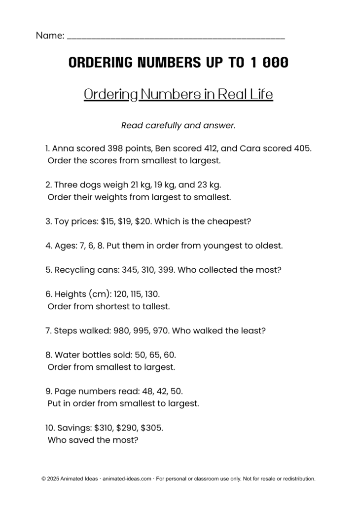 Ordering Numbers Up to 1000 Worksheets - Animated Ideas