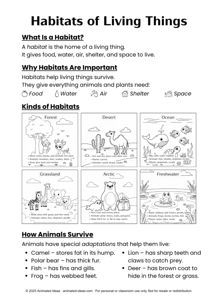 Habitats of Living Things Handout - Animated Ideas