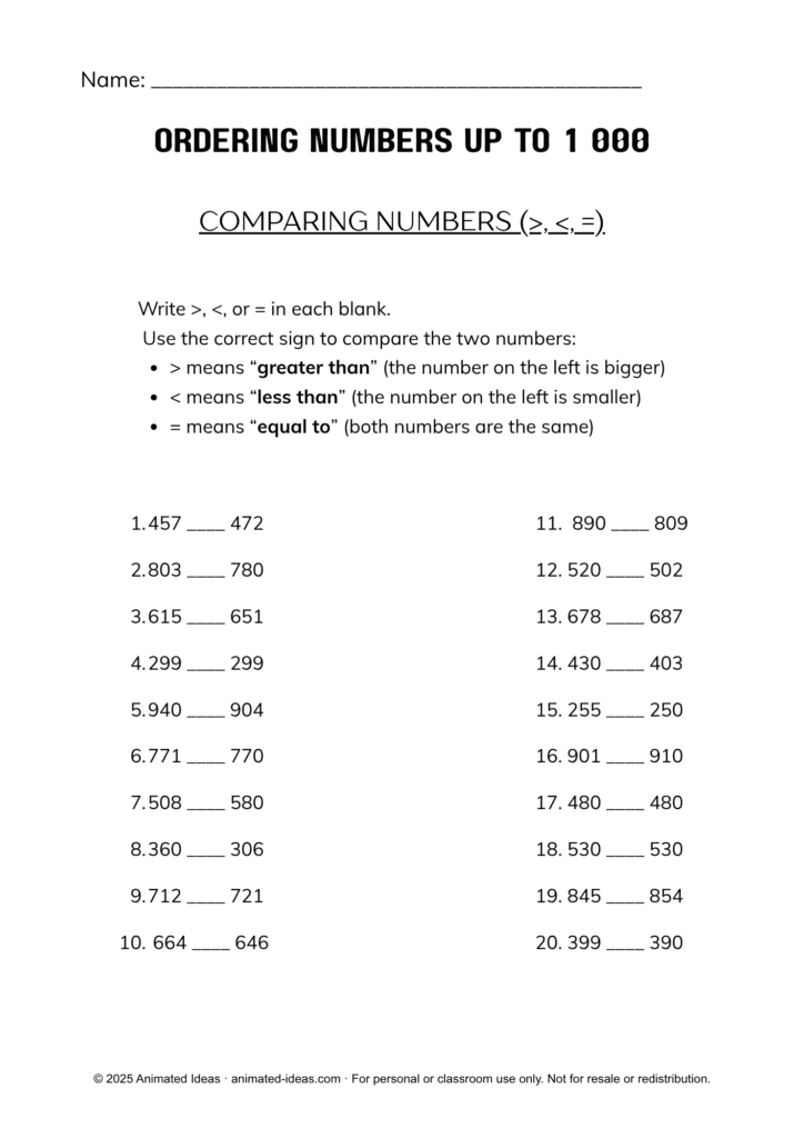 Ordering Numbers Up to 1000 Worksheets - Animated Ideas