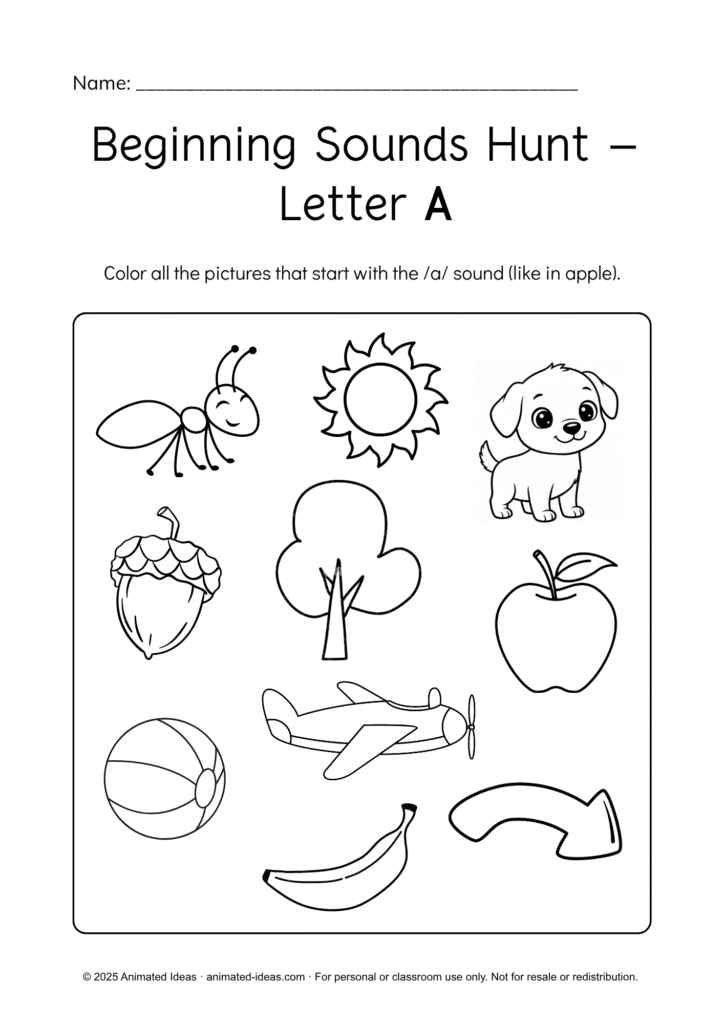 Beginning Sounds Worksheets (Letters A–C) - Animated Ideas