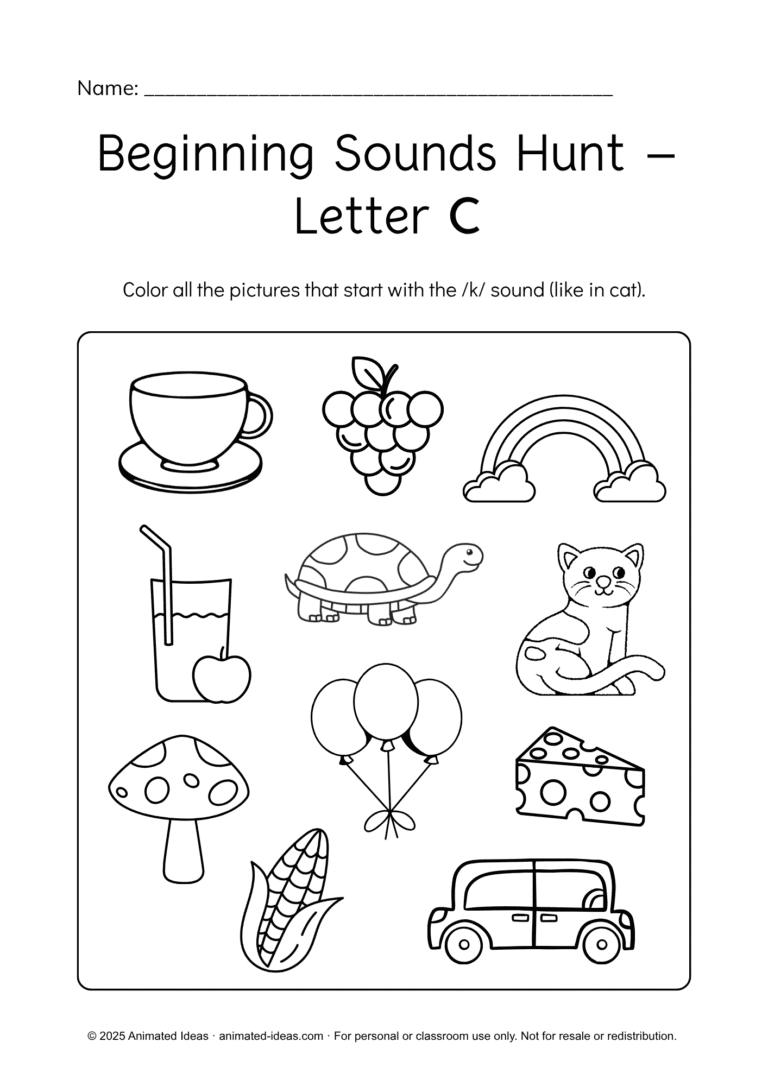 Beginning Sounds Worksheets (Letters A–C) - Animated Ideas
