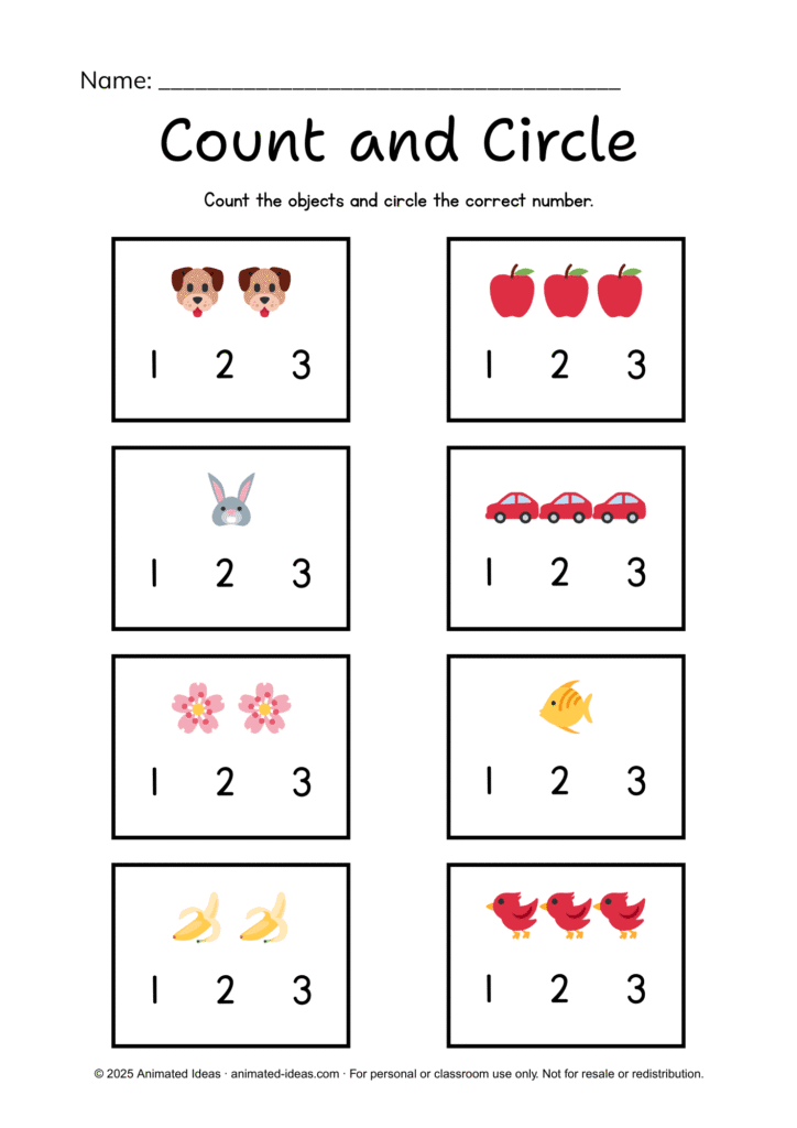 Counting 1-3 Preschool Worksheets - Animated Ideas