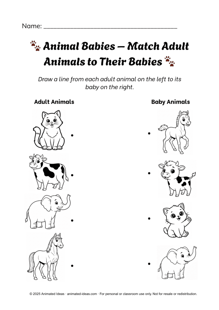 Animal Babies Matching Worksheets - Animated Ideas