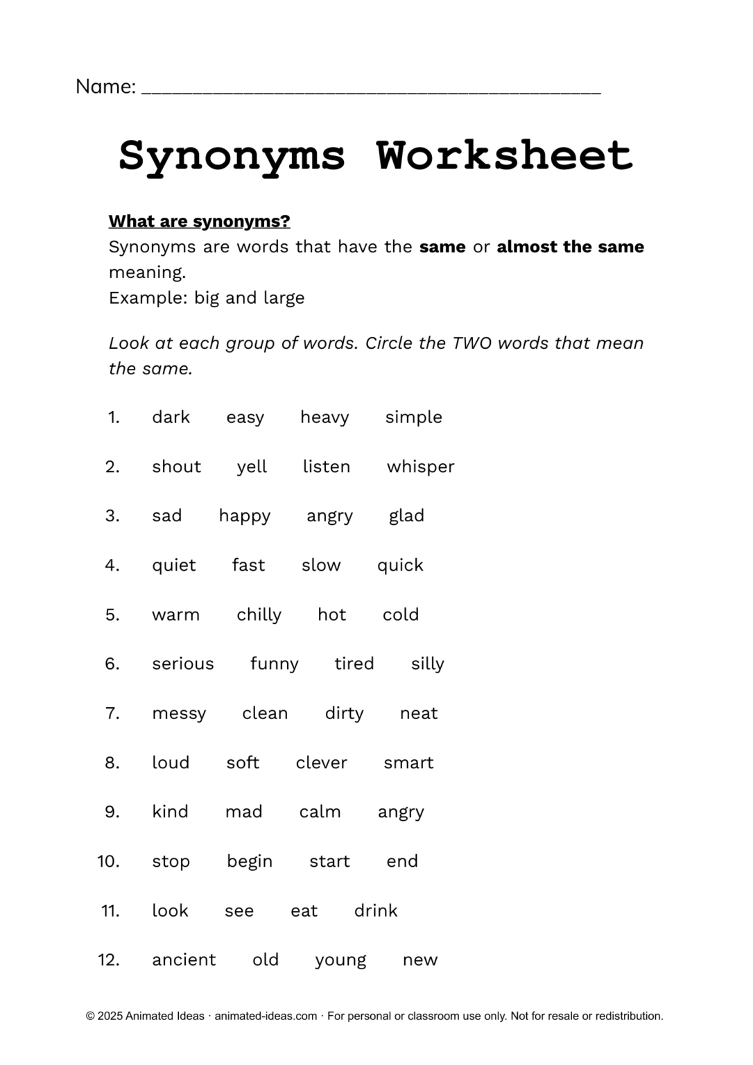 Synonyms and Antonyms Worksheets - Animated Ideas