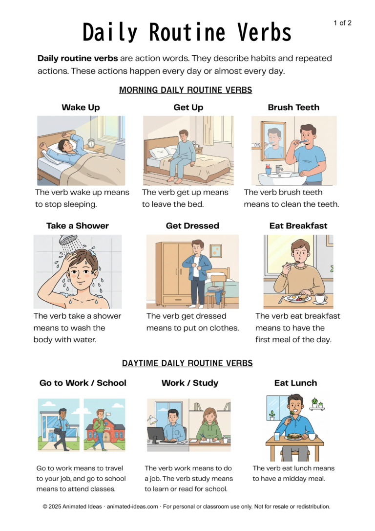 Daily Routine Verbs Notes for Beginners (Printable PDF) - Animated Ideas