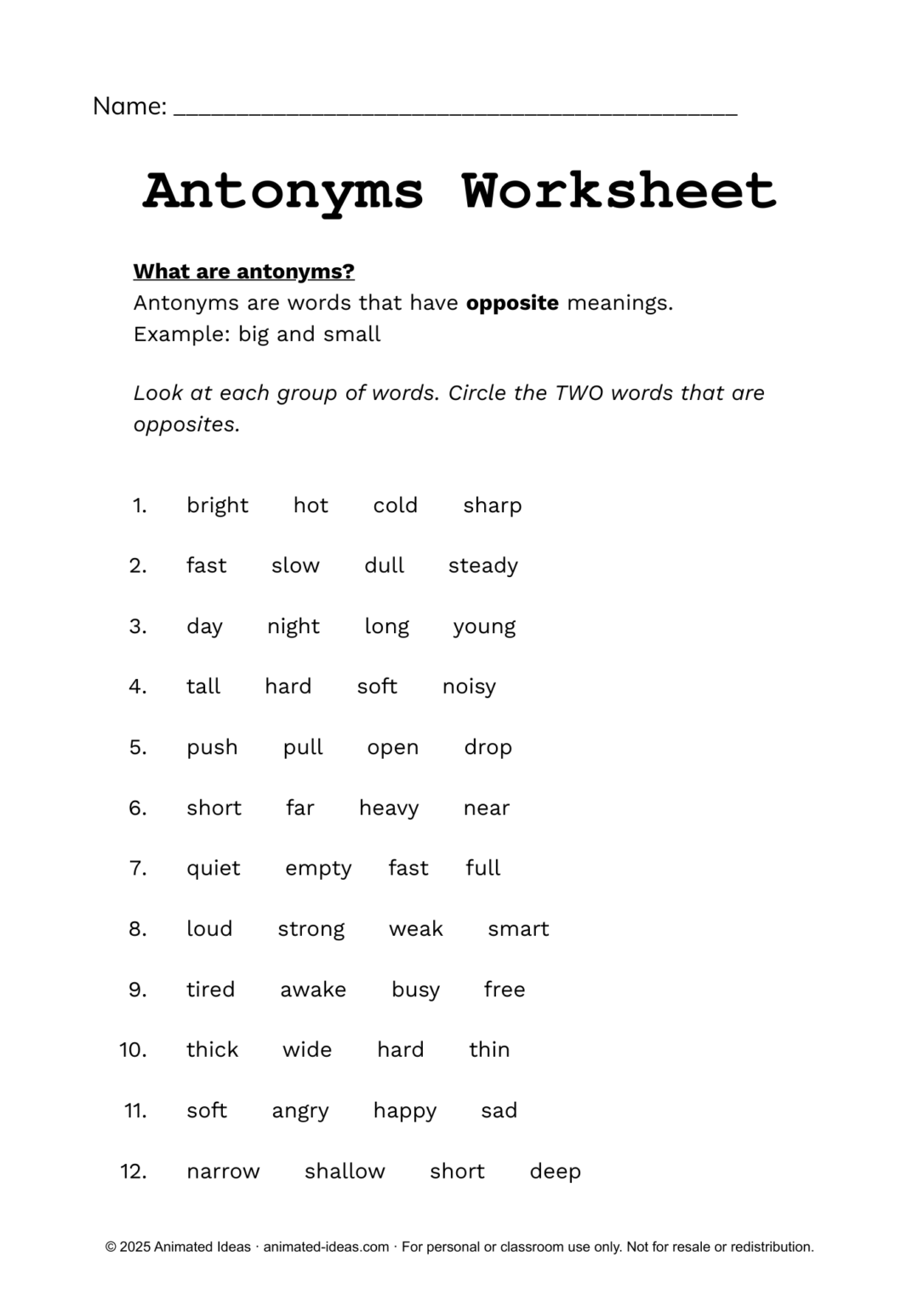Synonyms and Antonyms Worksheets - Animated Ideas