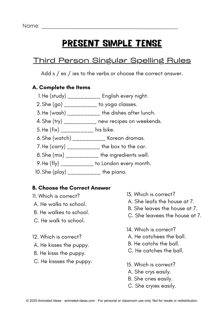 Present Simple Worksheets: Grammar Practice - Animated Ideas