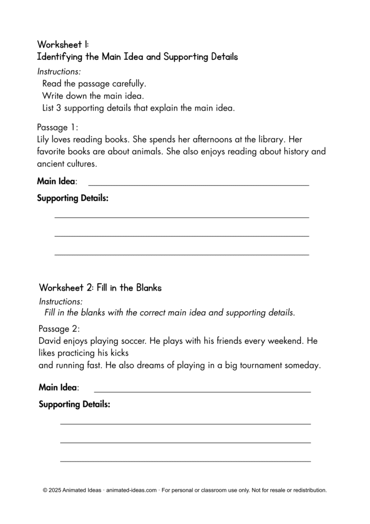 Identifying the Main Idea and Supporting Details Worksheets - Animated ...