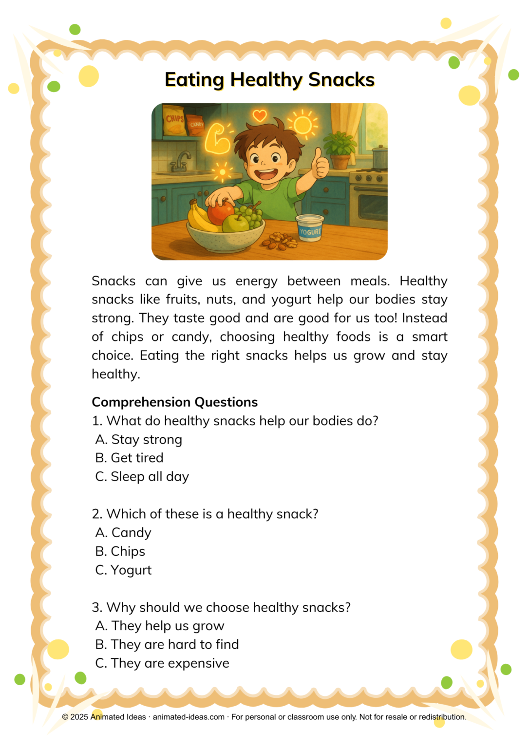 Healthy Habits Reading Worksheets - Animated Ideas