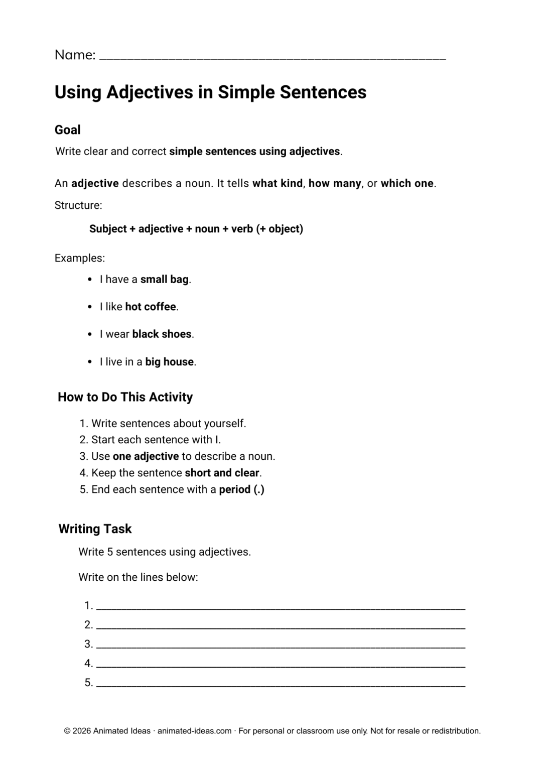Using Adjectives in Simple Sentences Worksheet - Animated Ideas