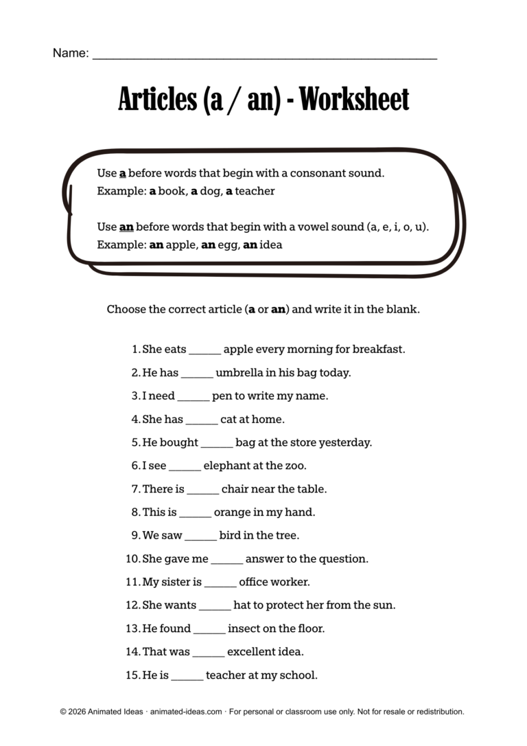 Beginner English Worksheets a / an | Articles (Printable) - Animated Ideas