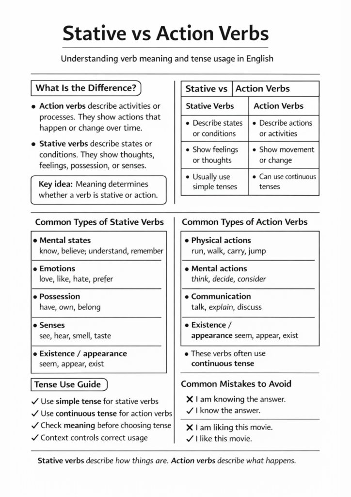 Stative vs Action Verbs Printable Notes - Animated Ideas