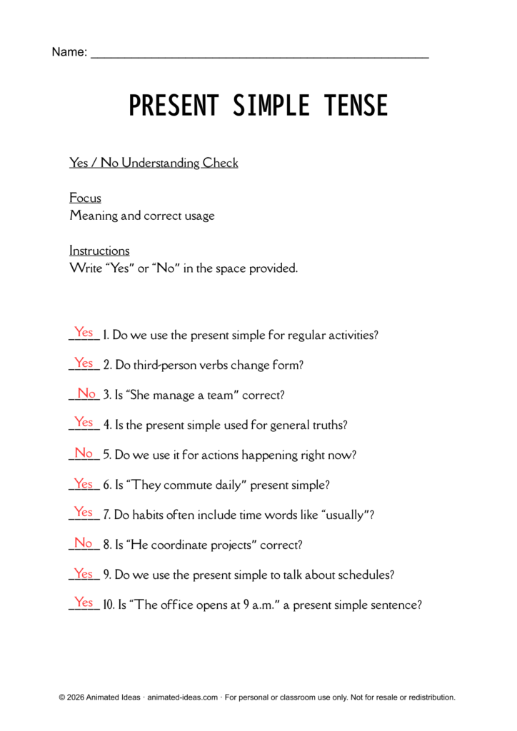 Present Simple Worksheets for Beginners - Animated Ideas