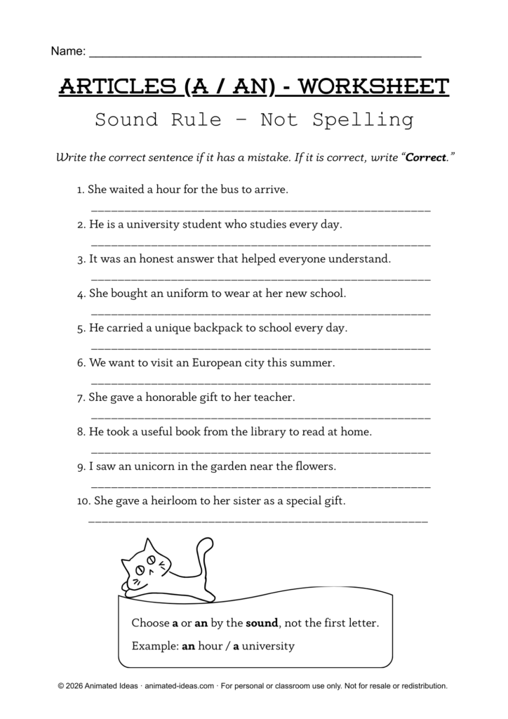 Beginner English Worksheets a / an | Articles (Printable) - Animated Ideas