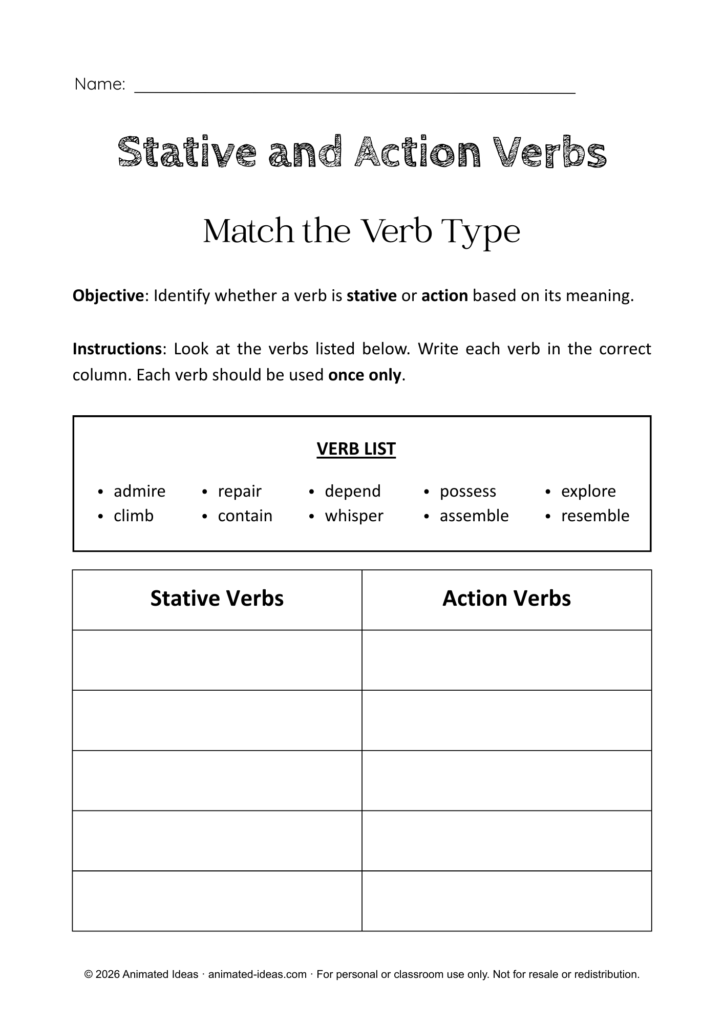 Stative vs Action Verbs Worksheets - Animated Ideas