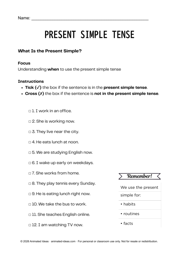 Present Simple Worksheets for Beginners - Animated Ideas